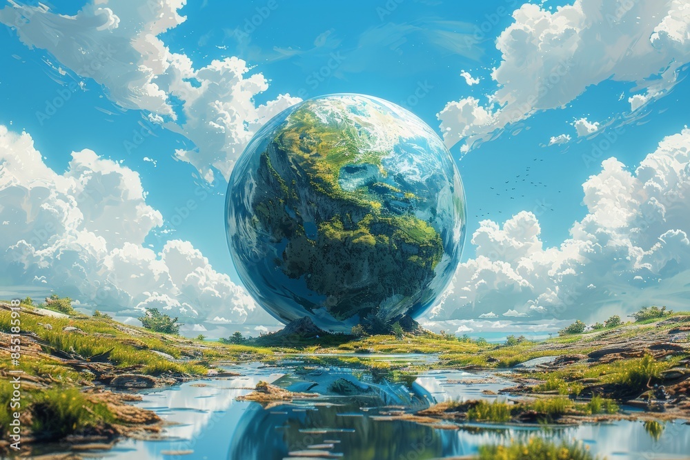 Large Earth-like sphere standing on lush green terrain with water ...