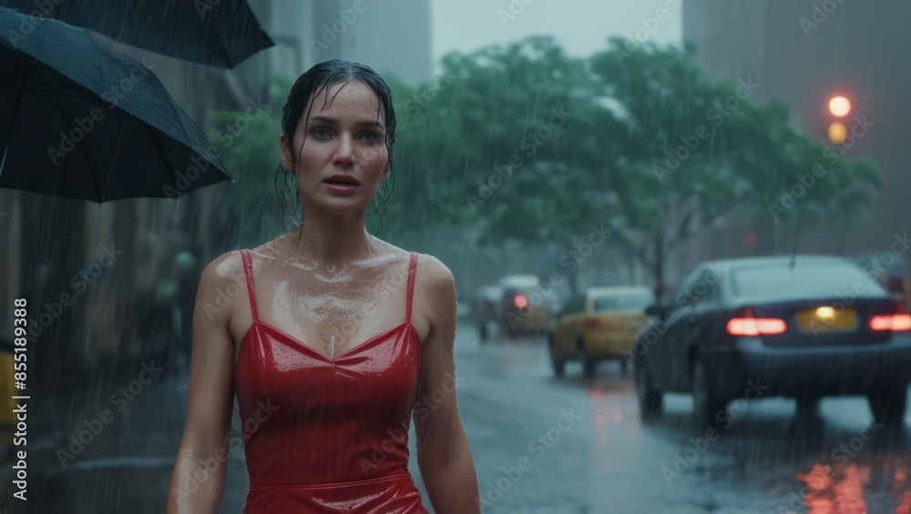 Girl in red dress soaking wet from the showering rain Stock Photo ...