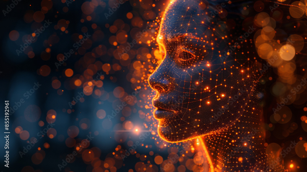 LLM graphics flowting around a wireframe avatar in a black studion ...