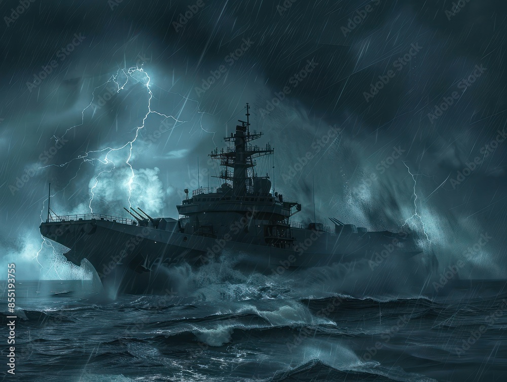 Large Ship Battling a Violent Storm at Sea, An amphibious assault ship ...