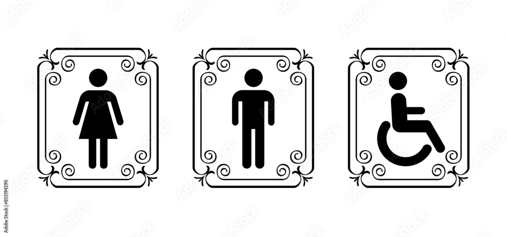 Stick figures or stickman and toilet logo. Restroom or bathroom human ...