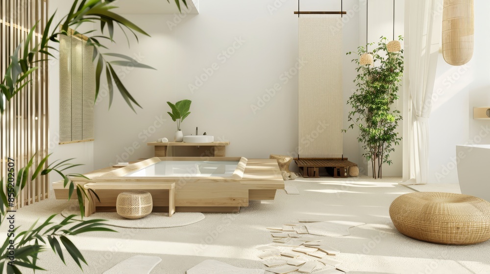 A tranquil Japanese onsen-inspired lounge design boasting a white ...