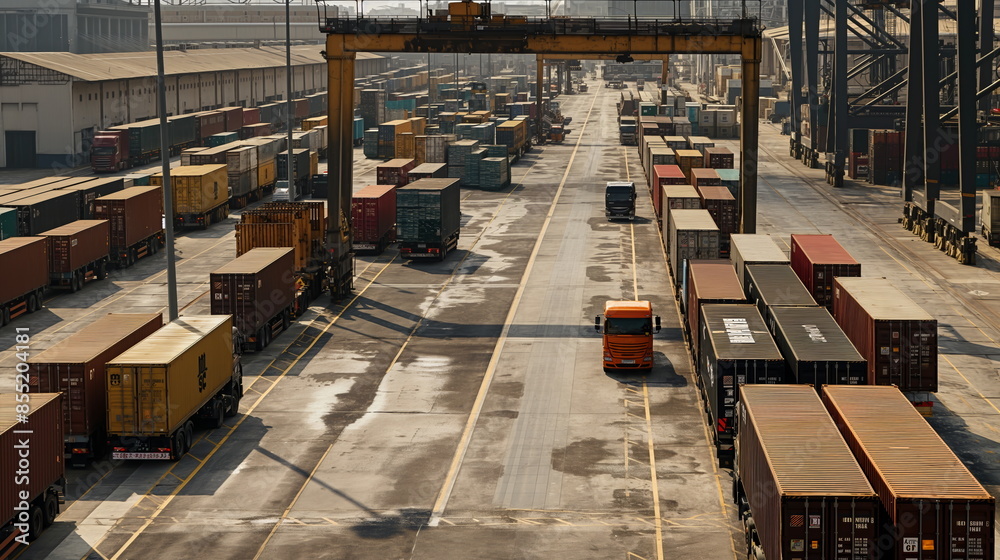 Bustling logistics center with rows of shipping containers and trucks ...
