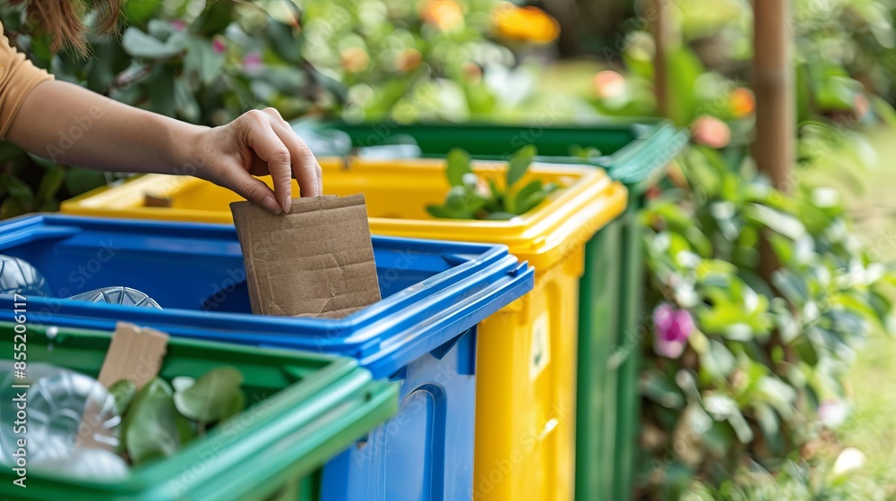 Hand sorting waste into recycling bins in garden. Environmental ...