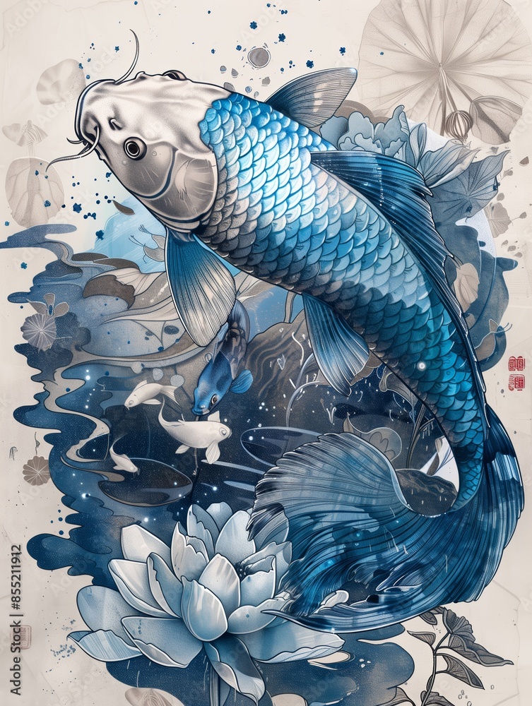 vintage tattoo design of a carp, silver and blue color palette, silver ...