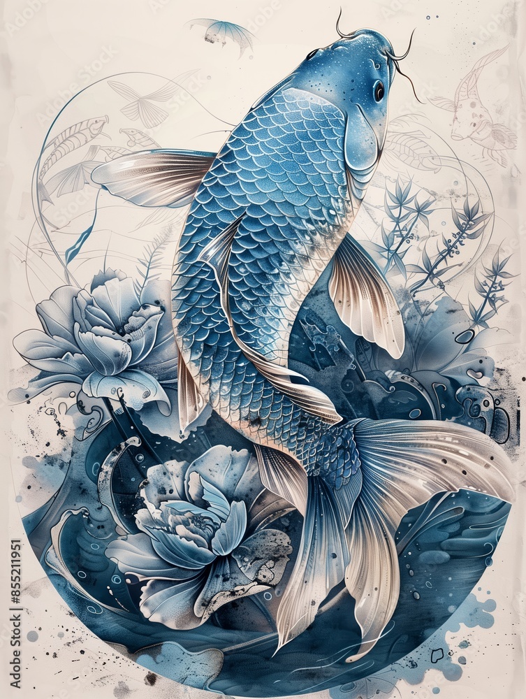 vintage tattoo design of a carp, silver and blue color palette, silver ...