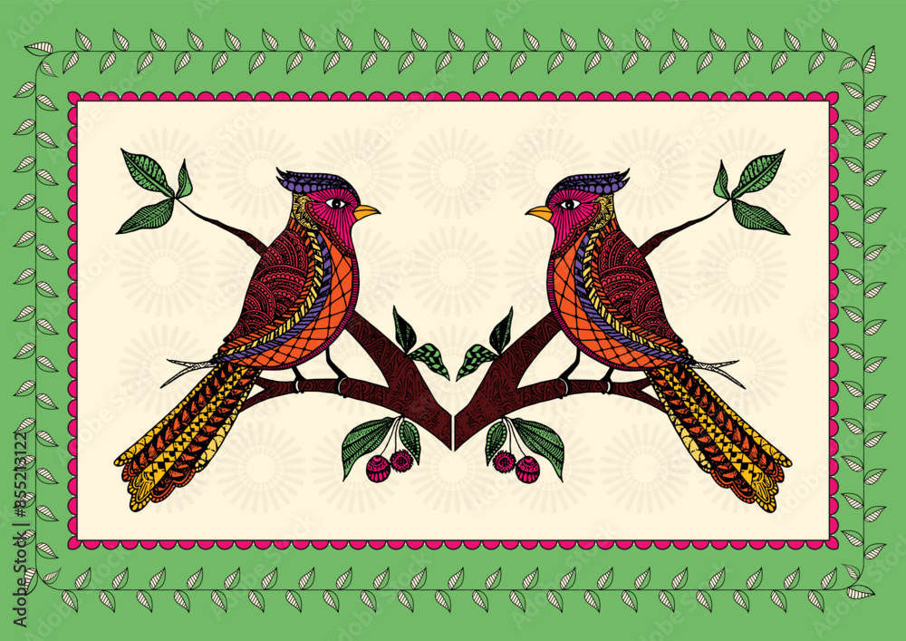 Blooms and Melodies: A Vibrant Madhubani Depiction - Bird on a ...