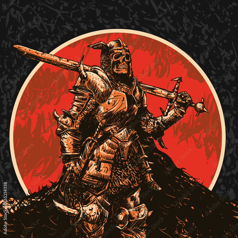 Skeleton in Medieval Armor Holding a Large Sword Resting on Shoulders ...