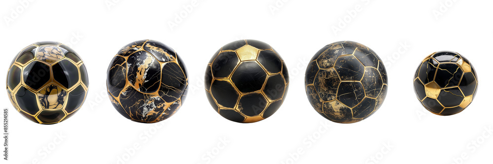set of a an artistic black and gold football ball, on a transparent ...