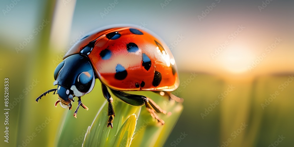 ladybird macroshot with meadow and sunset in background. Extremely ...