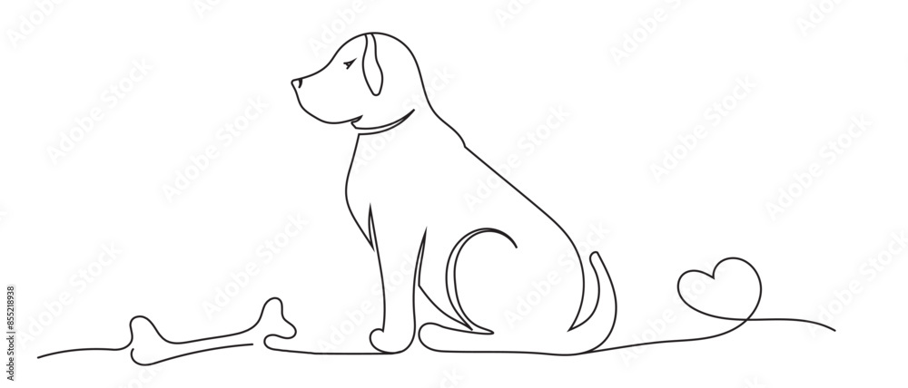 Dog one line art vector icon with bone, dog one line art, Sitting dog ...