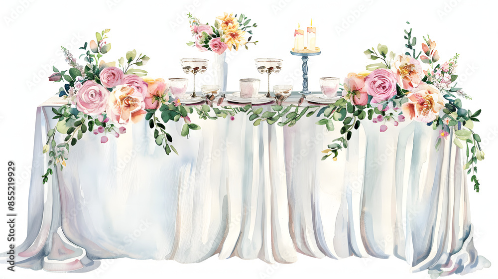watercolor hand drawn elegant wedding decorated table isolated on white ...