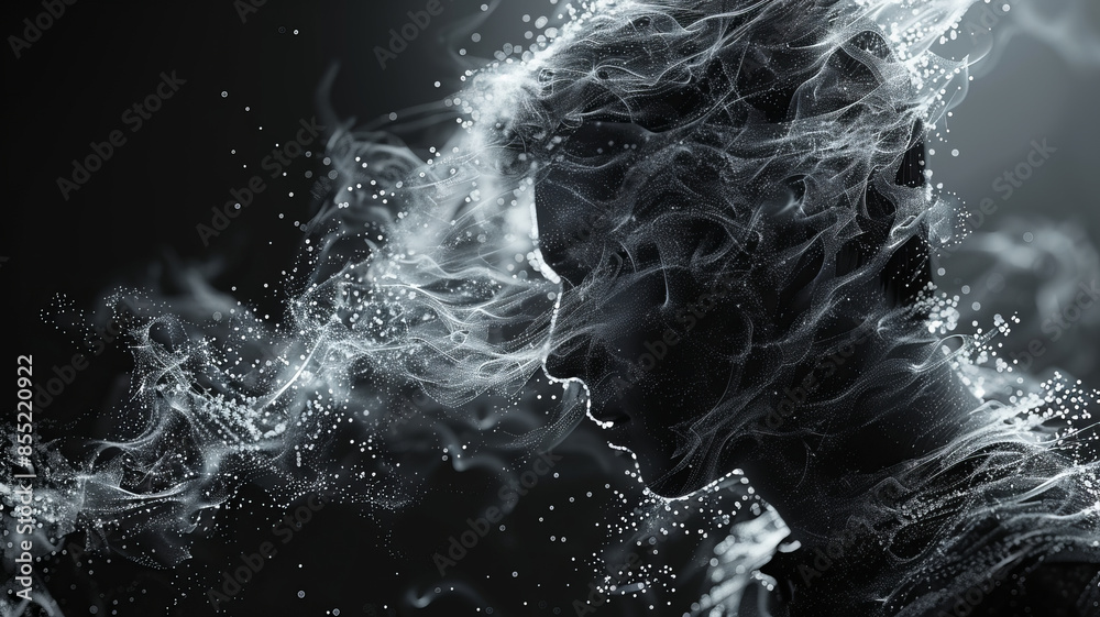 LLM graphics flowting around a wireframe avatar in a black studion ...