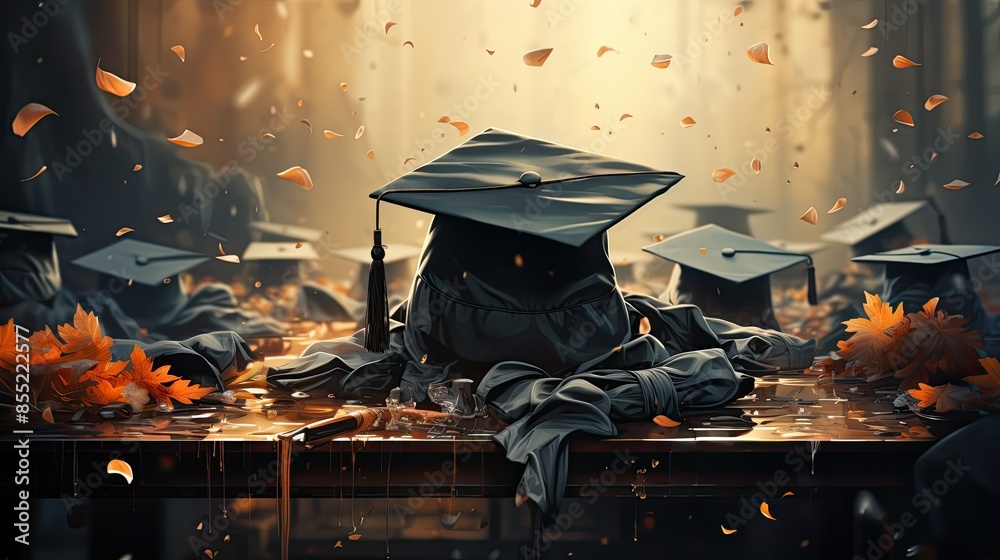 Floating graduation cap with a diploma background Stock Illustration ...