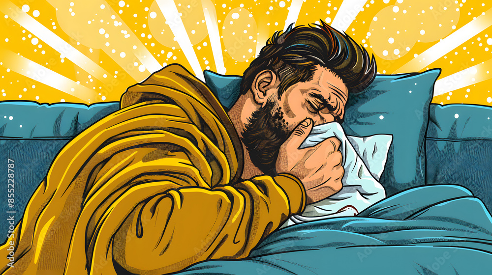 bearded sick man on couch at home suffers from runny nose, sneezes ...