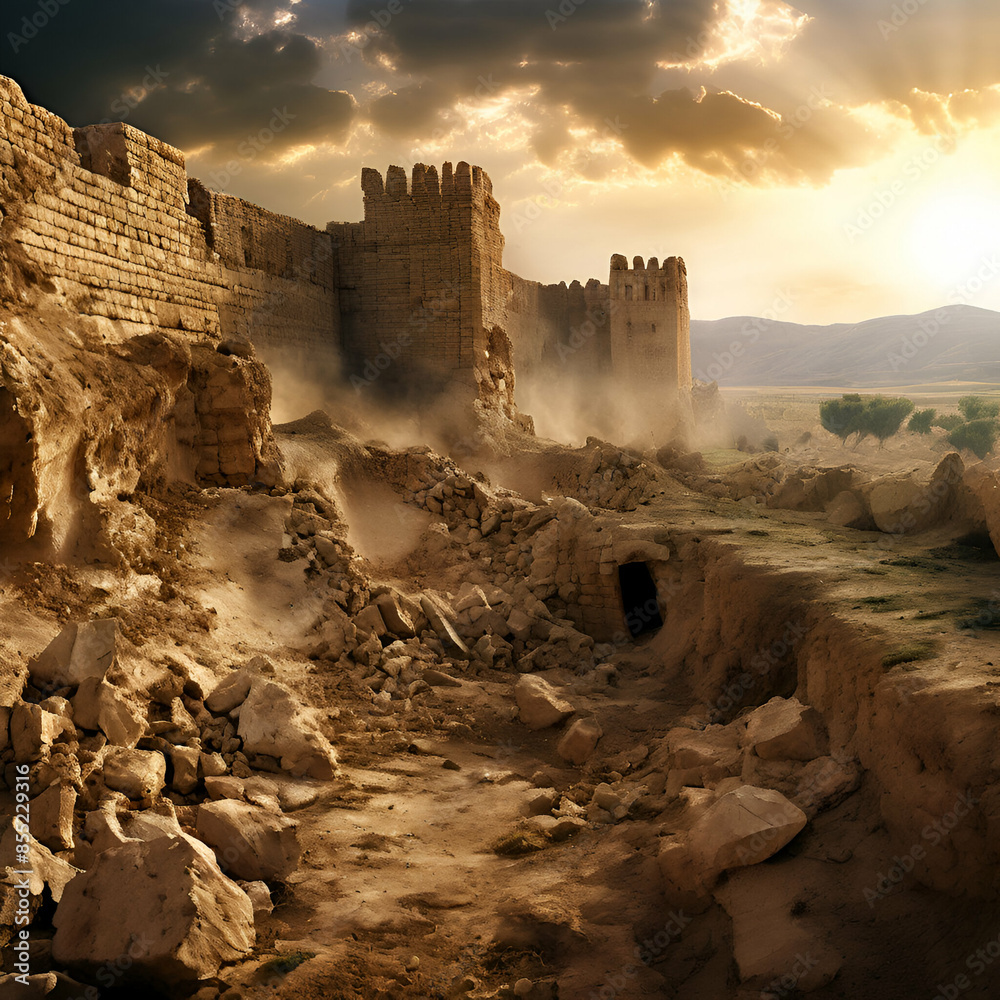 Destruction of Jericho. Crumbling medieval castle fort walls ...