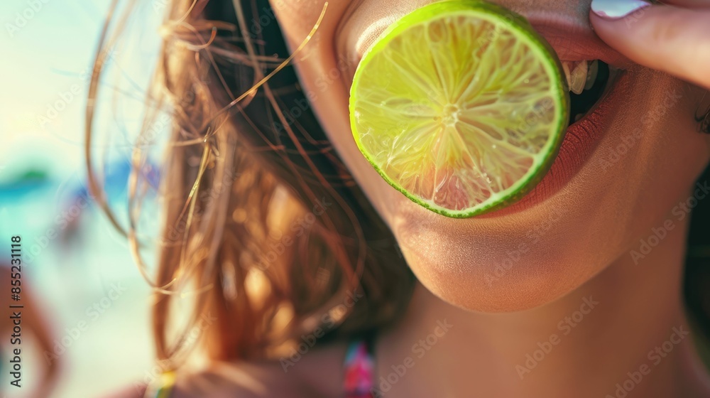 Foto de With a smile, she takes a bite of the sour lime, feeling happy ...