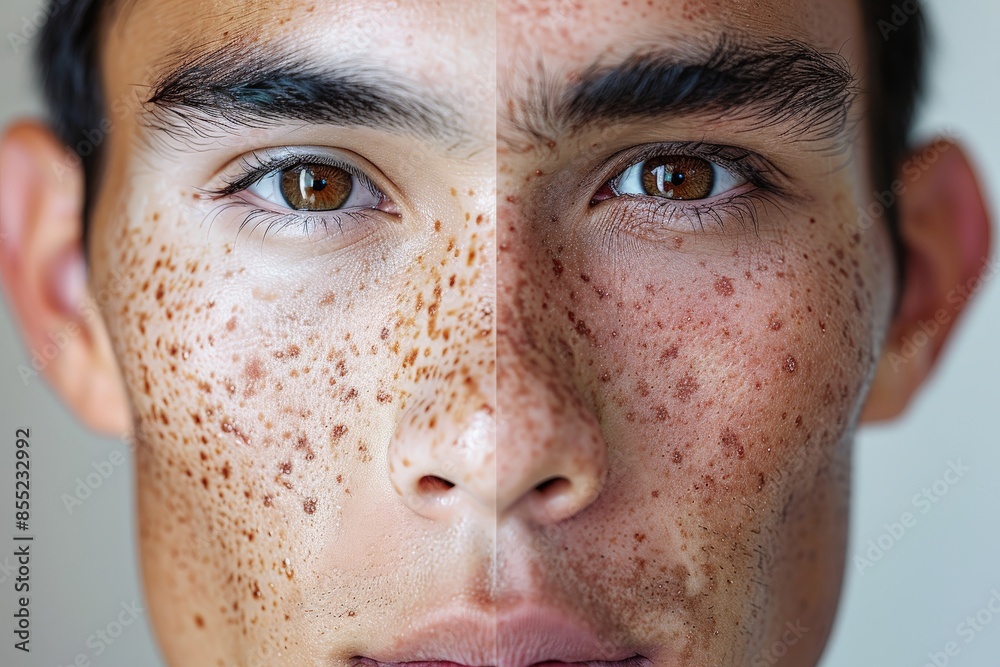 Close-up of a young man with a split face showing different skin tones ...