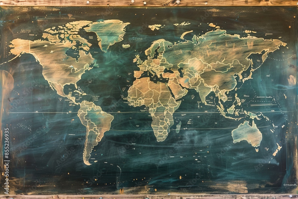 Blackboard with a detailed map of the world in chalk, each continent ...