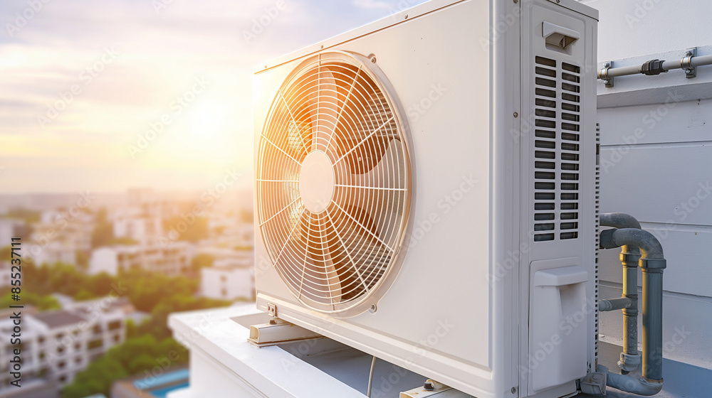 An outdoor air conditioning unit mounted on a white structure, possibly ...
