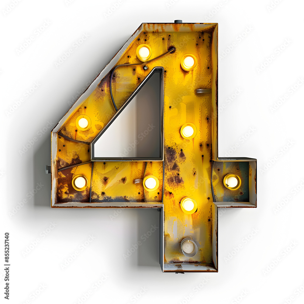 A rusted, yellow number 4 with a bunch of lights on it. The number 4 is ...