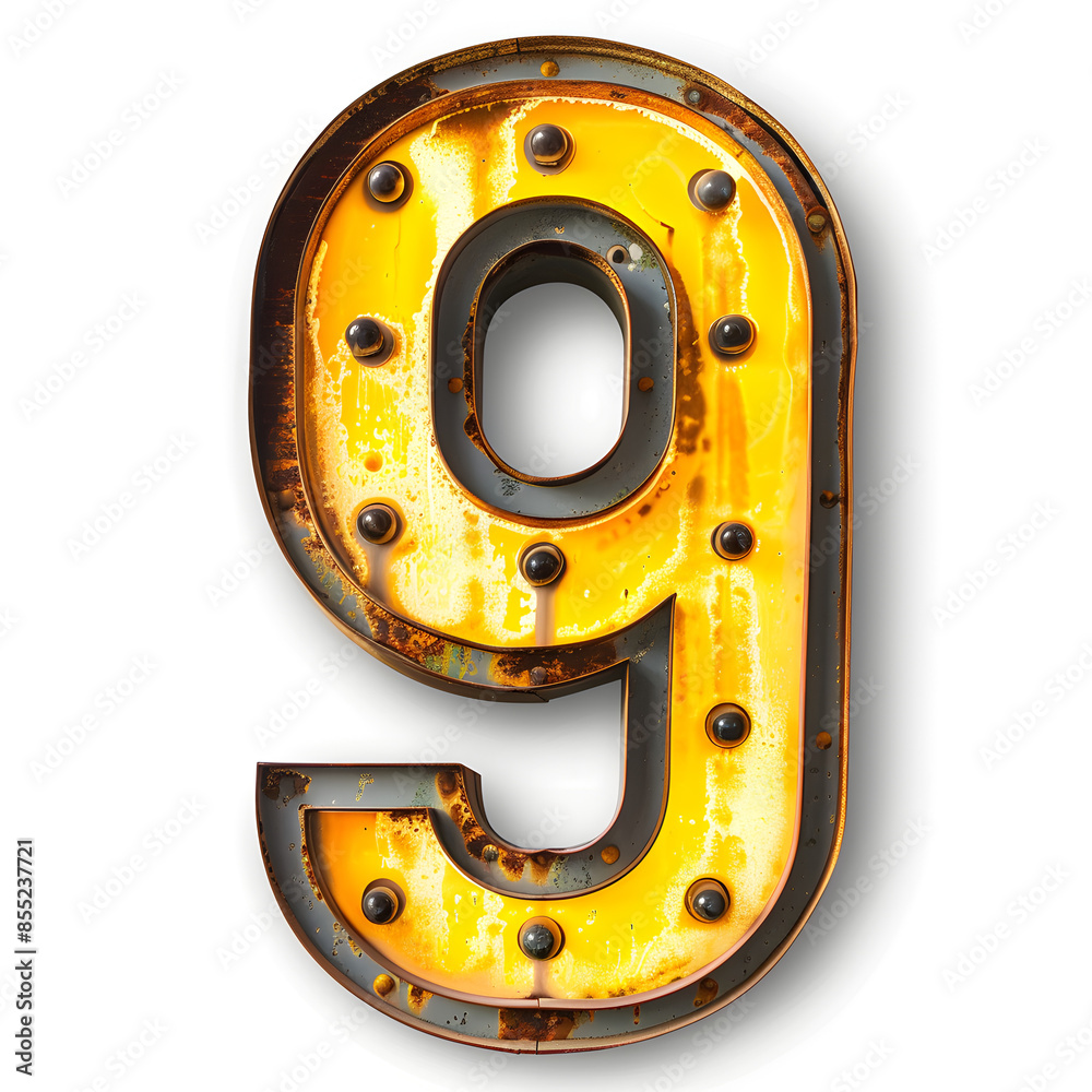 The number nine is displayed in a rusted, old-fashioned style. The ...