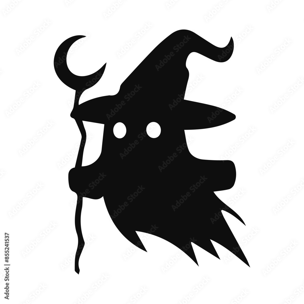 Happy Halloween black silhouette of ghost holding wooden crescent moon ...
