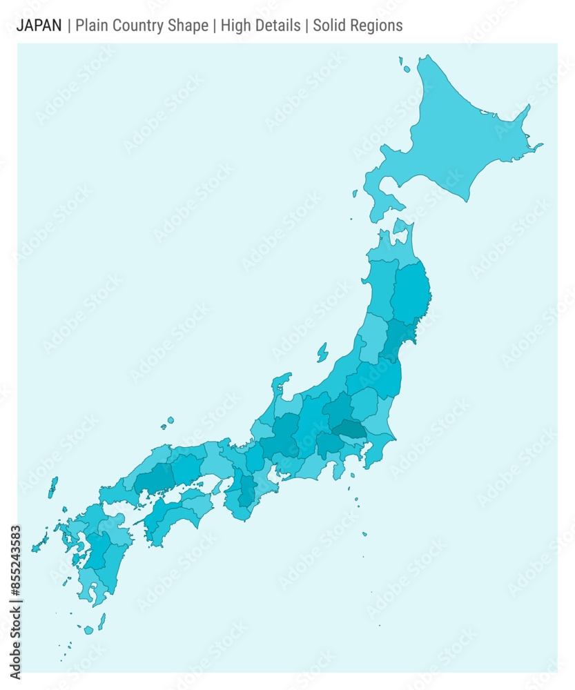 Japan plain country map. High Details. Solid Regions style. Shape of ...