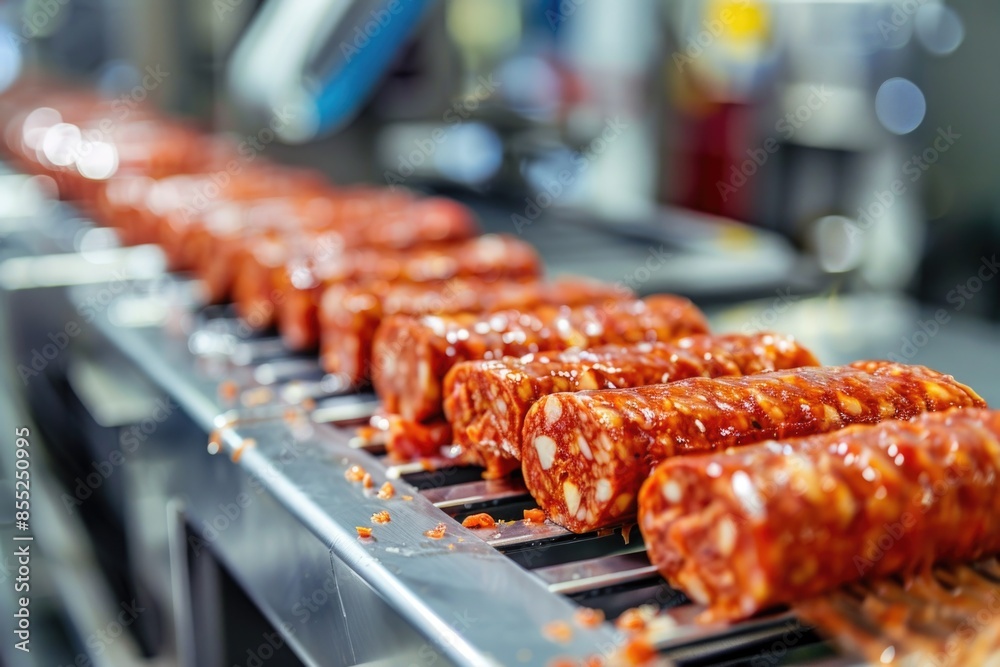 A row of sausages moving along a conveyor belt, ready for packaging and ...