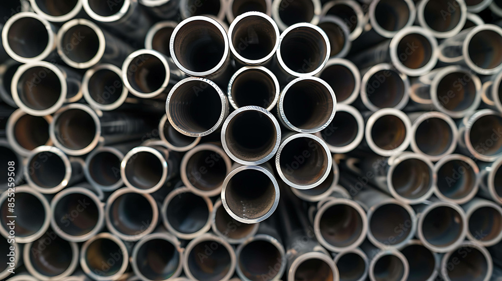 Industrial metal pipes of different diameters lie in a large pile. The ...