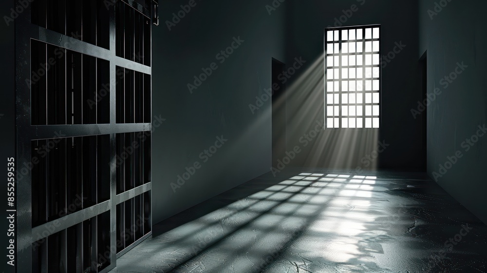 Rays of light shine through a barred window in a dark prison cell, highlighting concepts of hope ...