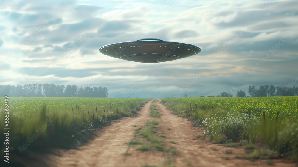 flying saucer alien spaceship in the sky over a farm field with a dirt ...