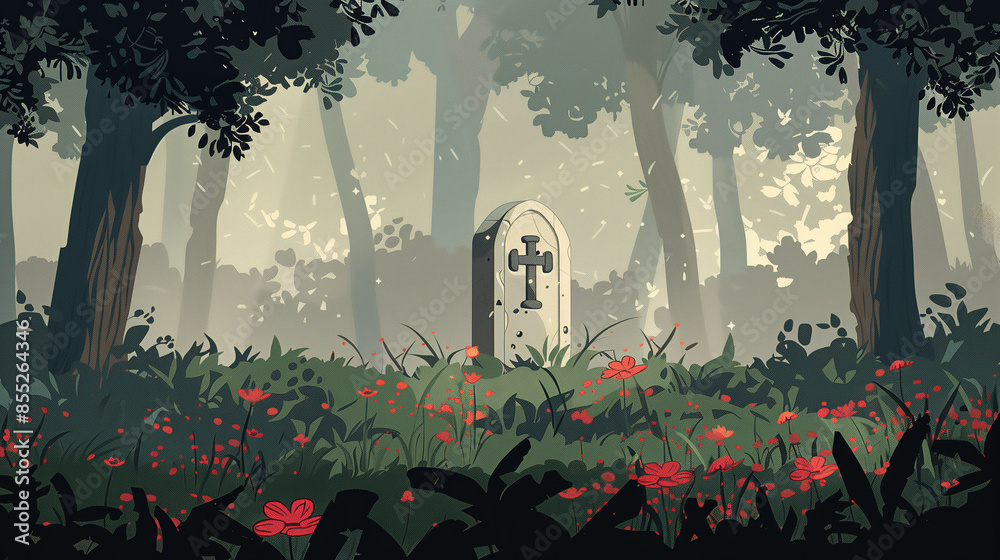 Gloomy flat cartoon illustration of an old tombstone with a cross in a ...