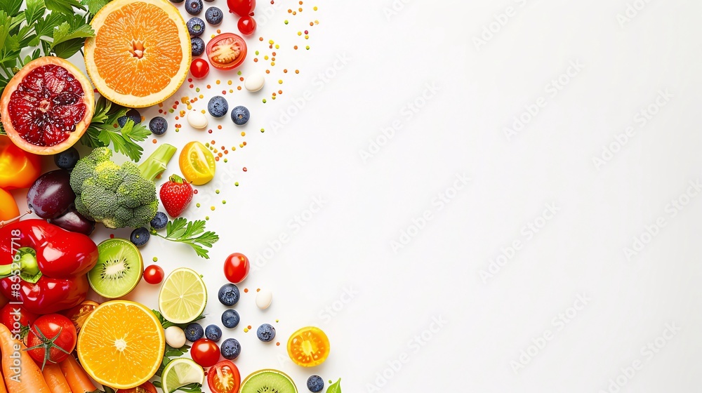 Playful healthy nutrition symbols on a clean background, with ample ...