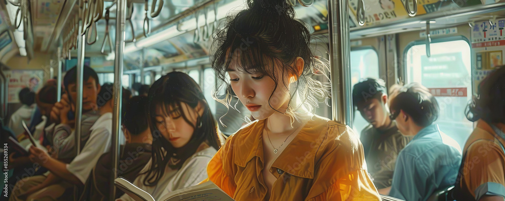 An artist sketching portraits of commuters on a busy subway, capturing ...
