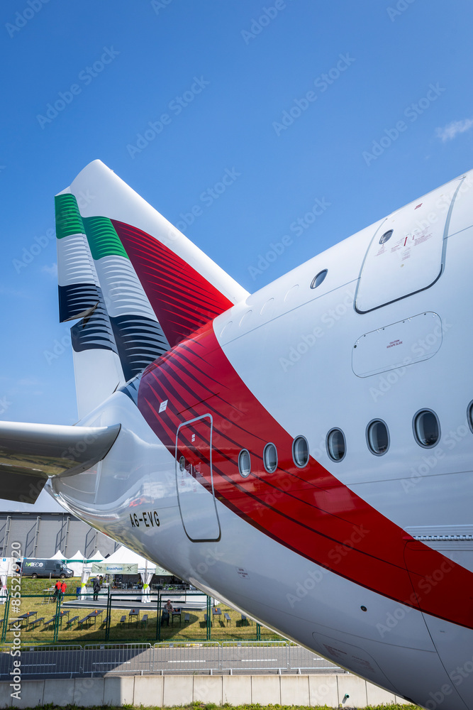 Emirates Airbus A380 tail and fuselage with national Dubai flag Stock ...