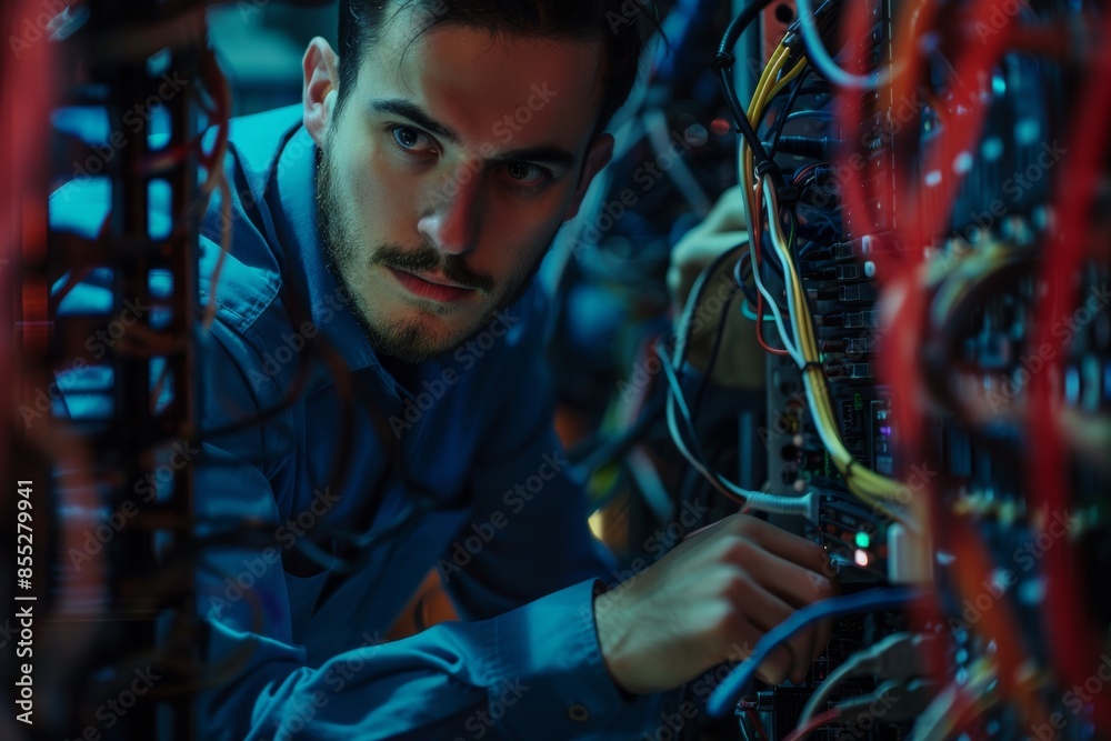 Tablet database, server room, and nighttime engineer checking cables ...