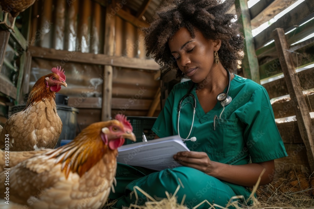 Veterinary, farm, and black lady writing chicken health checklist ...