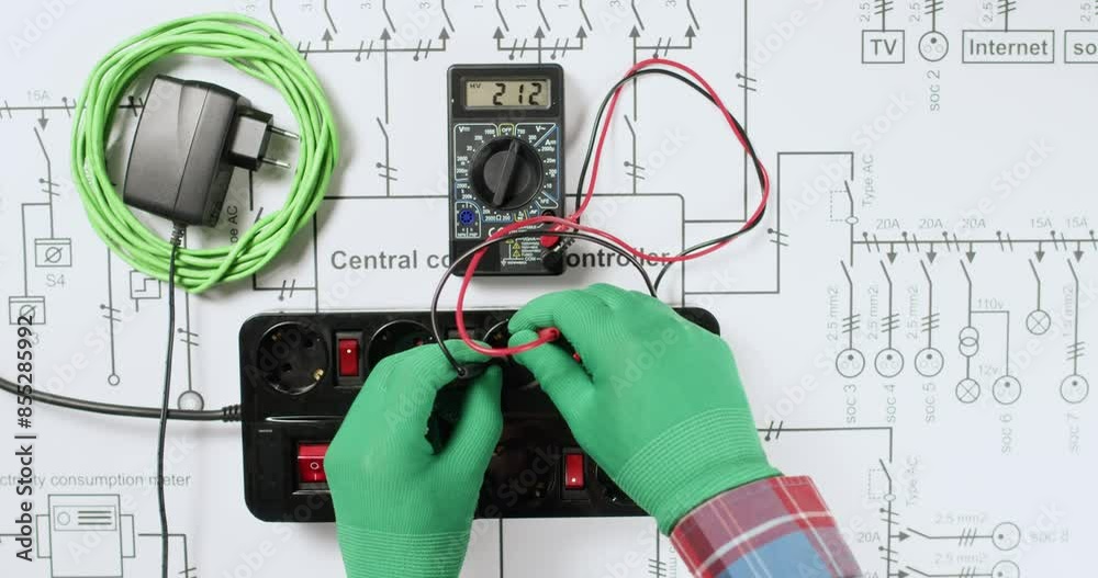 Technician tests socket extension with multimeter and plugs device on ...