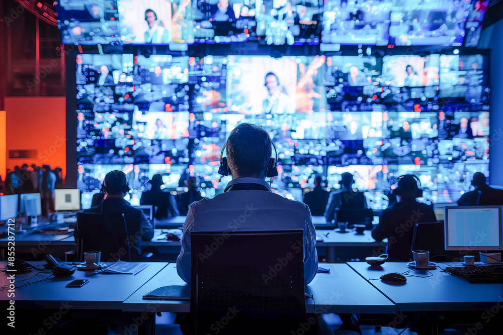 Media Control Room with Multiple Monitors and Staff Stock Photo | Adobe ...