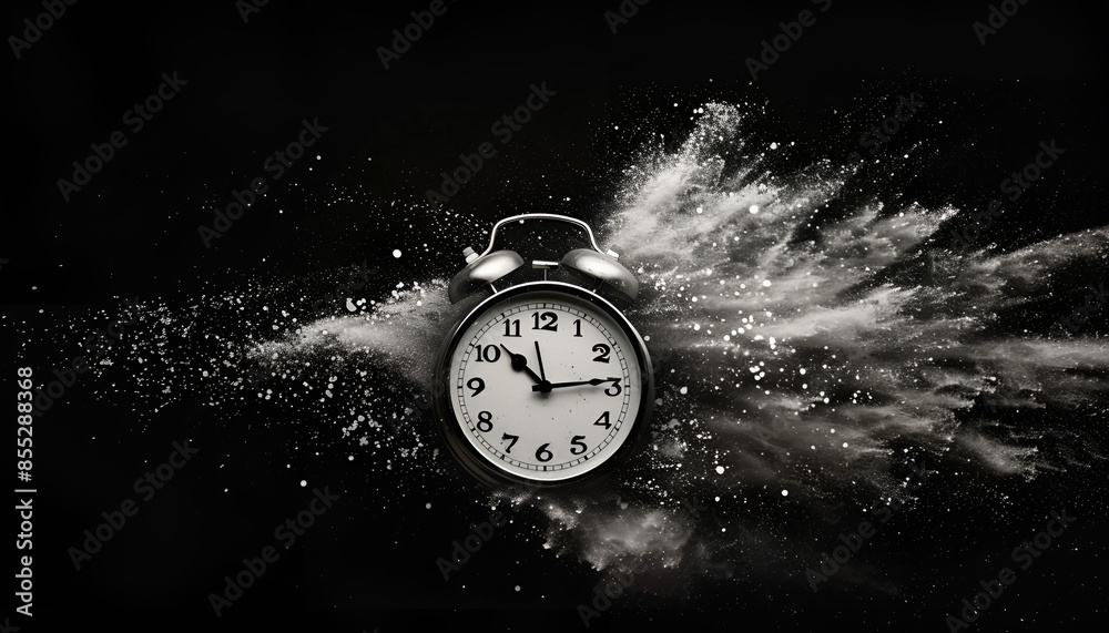 Fleeting time concept. Analog clock dissolving on black background ...