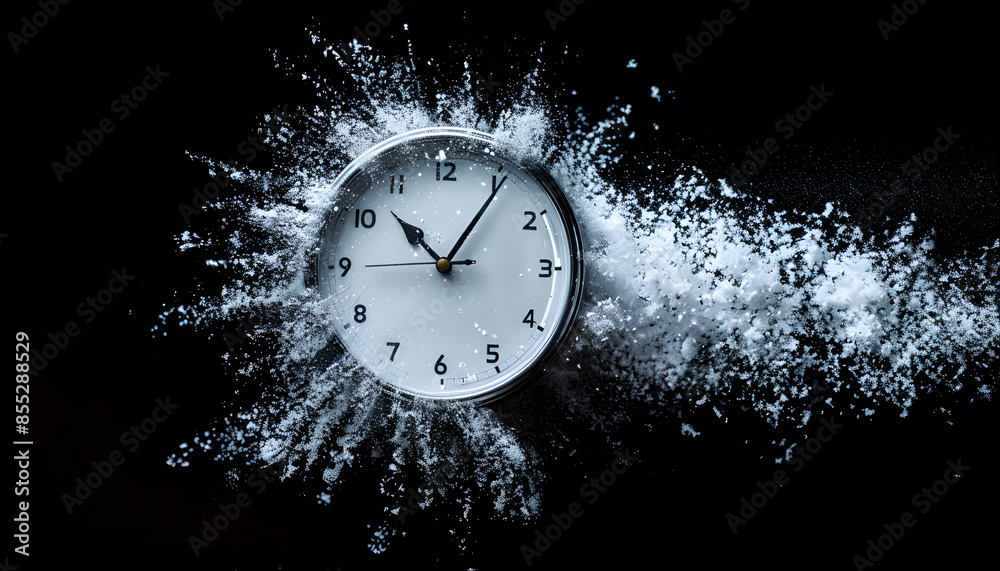Fleeting time concept. Analog clock dissolving on black background ...