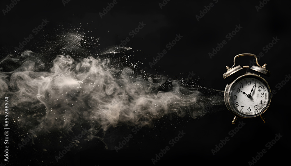 Fleeting time concept. Analog clock dissolving on black background ...
