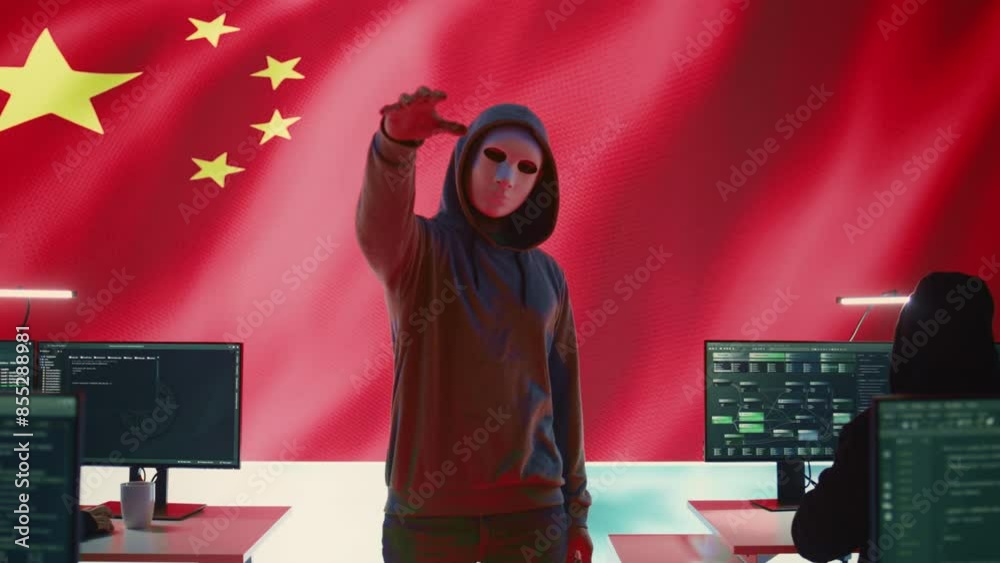 Chinese man presenting a human skull to make death threats, symbolizing criminal activity ...