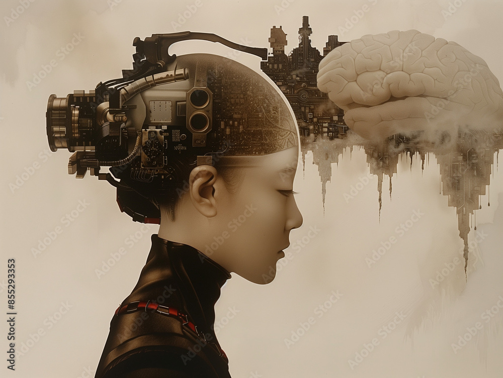 an LLM (large language model) represented as a mechantronic robot brain ...