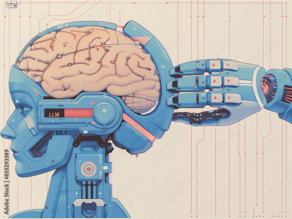 an LLM (large language model) represented as a mechantronic robot brain ...