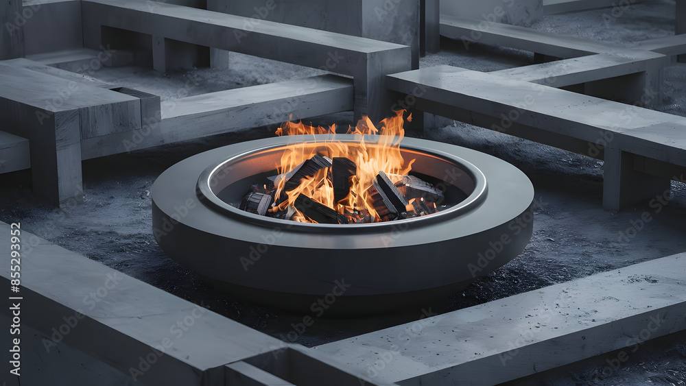 A modern, industrial-style fire pit set amidst a concrete and steel ...
