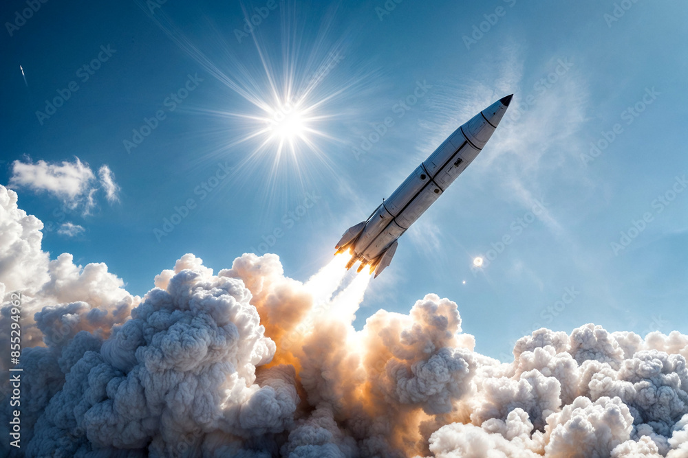 Ballistic nuclear military missile in blue sky with clouds, rocket ...