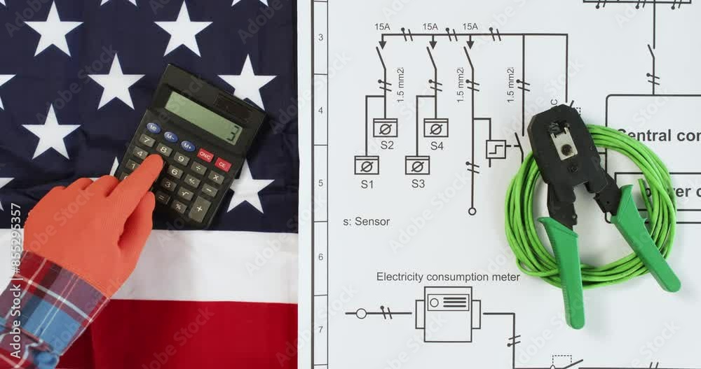 Engineer counts on calculator near schematic diagram put on American ...