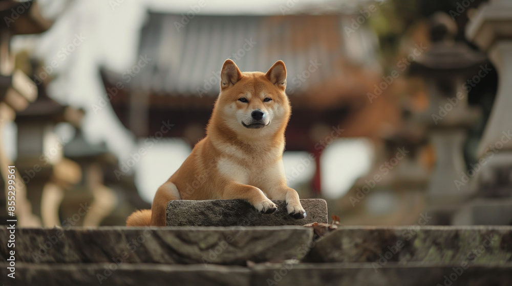 A Shiba Inu dog relaxing at a Japanese temple, blending perfectly with ...